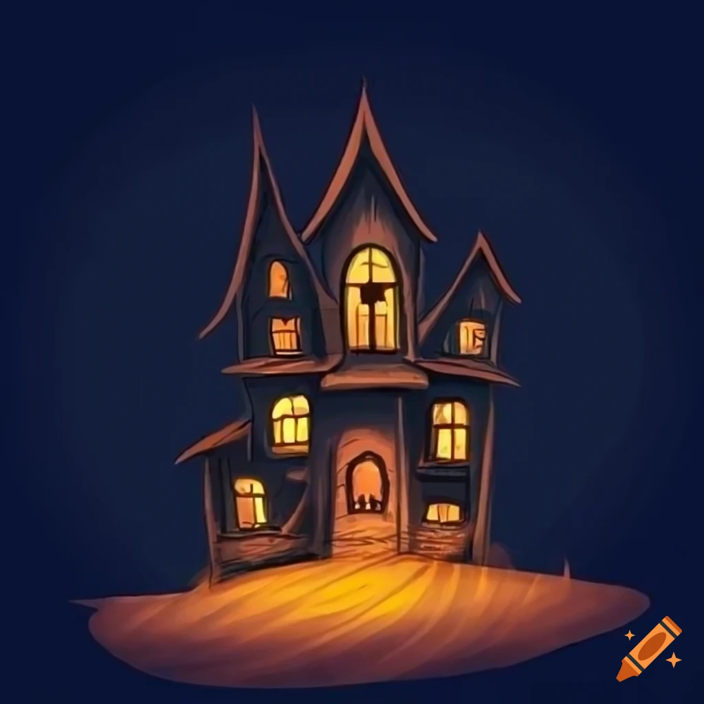 Spooky haunted house in a dark cartoon drawing on Craiyon