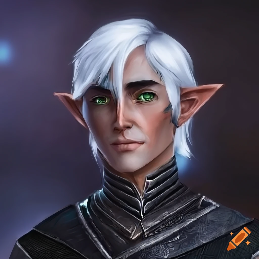 Detailed picture of handsome young Fenris with green eyes sitting on a bed on Craiyon