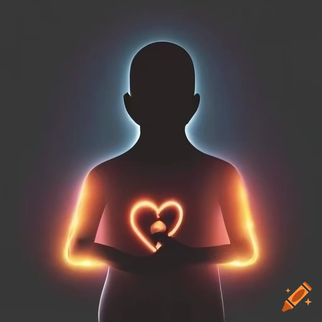 Silhouette of person holding a glowing heart on chest on Craiyon