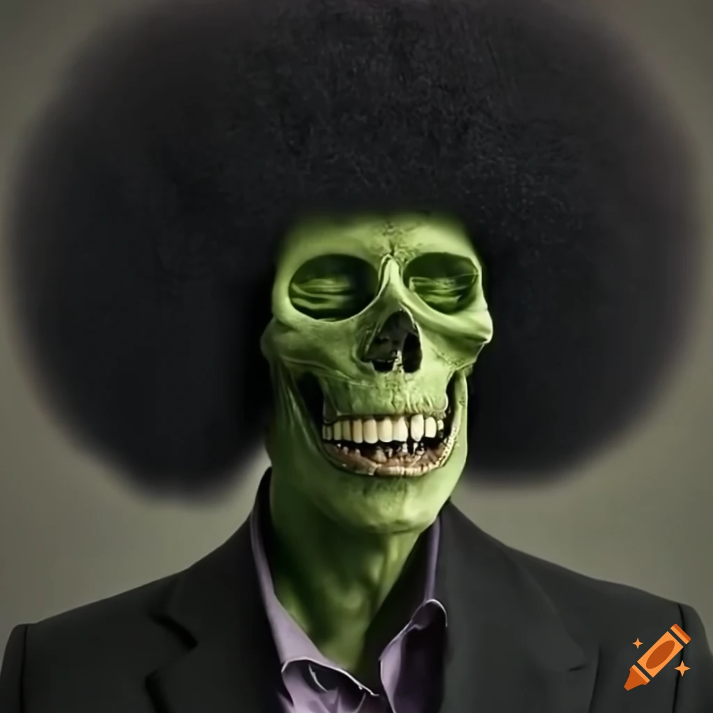 Grinning green skeleton in a black suit with an afro on Craiyon