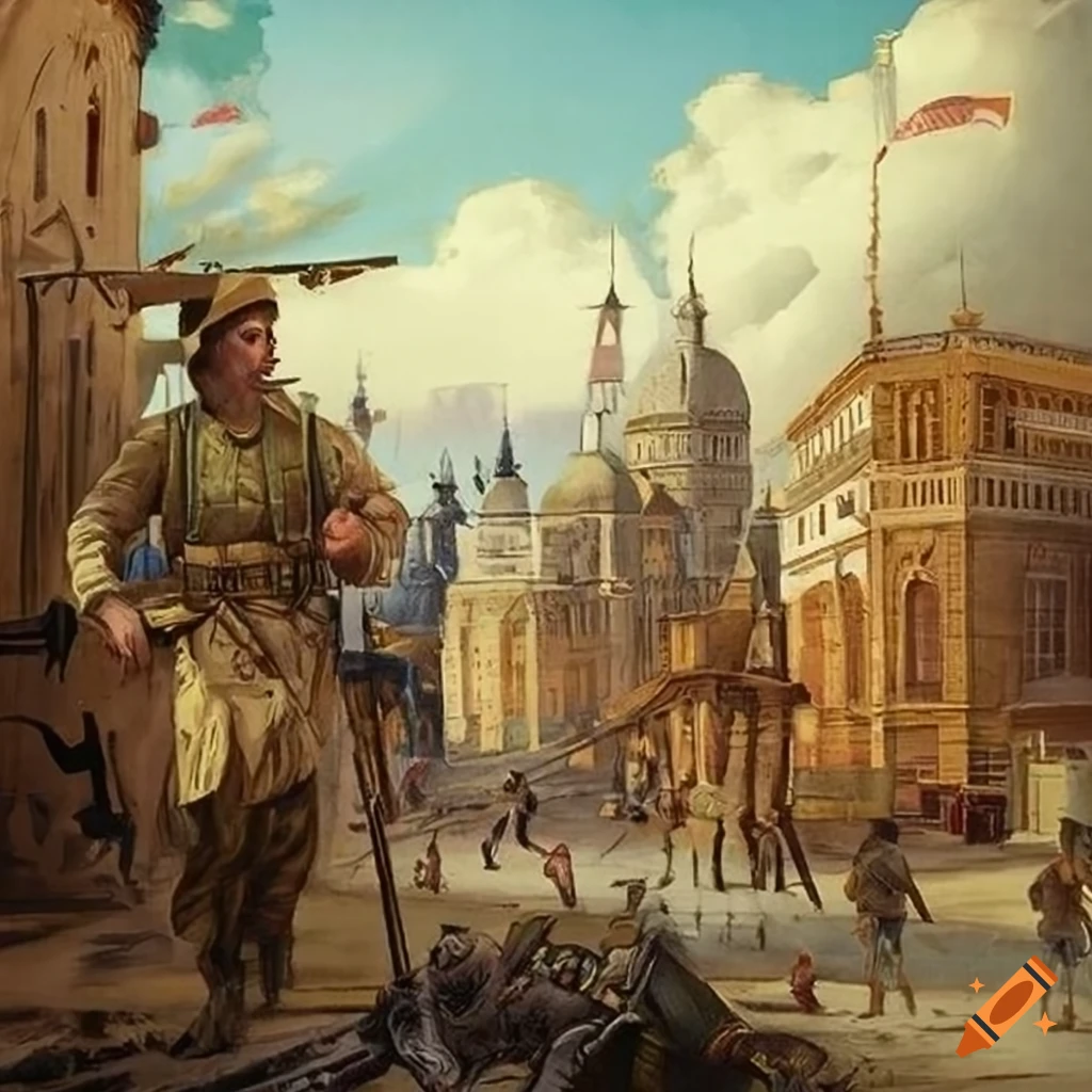 Highly detailed war travel poster by james gurney on Craiyon