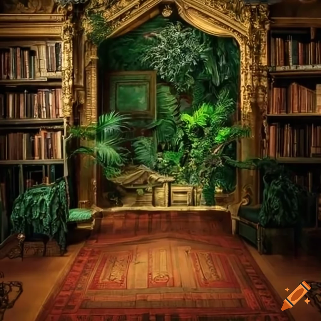 Victorian style library with jungle vegetation on the floor and walls ...