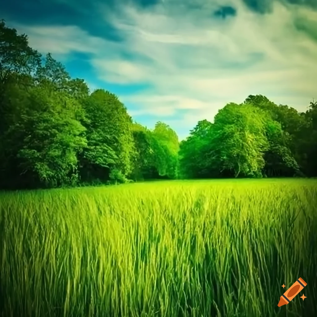 Green plain with tall grass, river, and tree with butterfly on Craiyon
