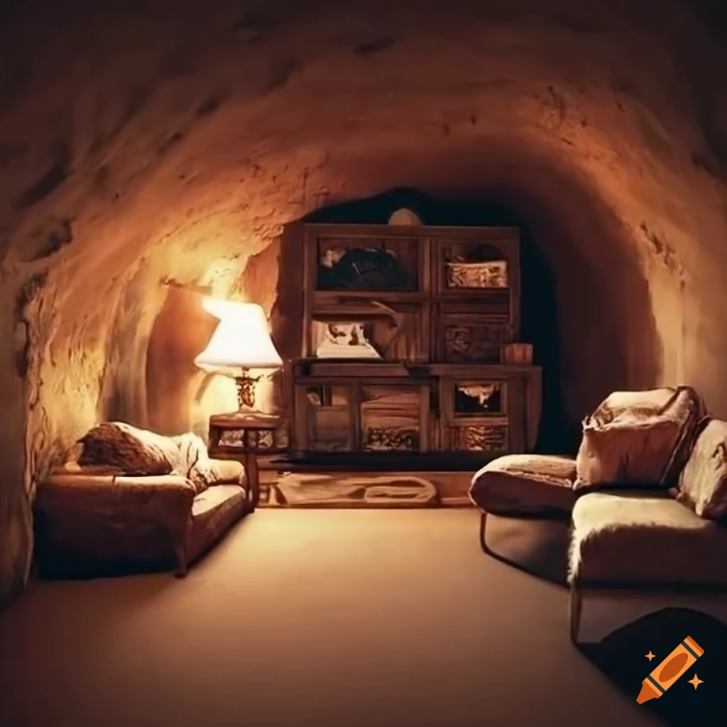 Cozy living space with old furniture in a cave setting on Craiyon
