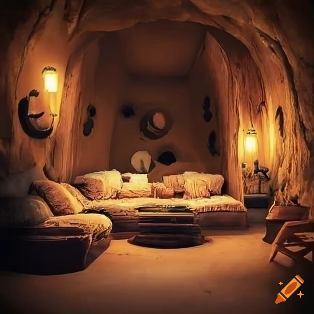 Cozy living space with old furniture in a cave setting on Craiyon