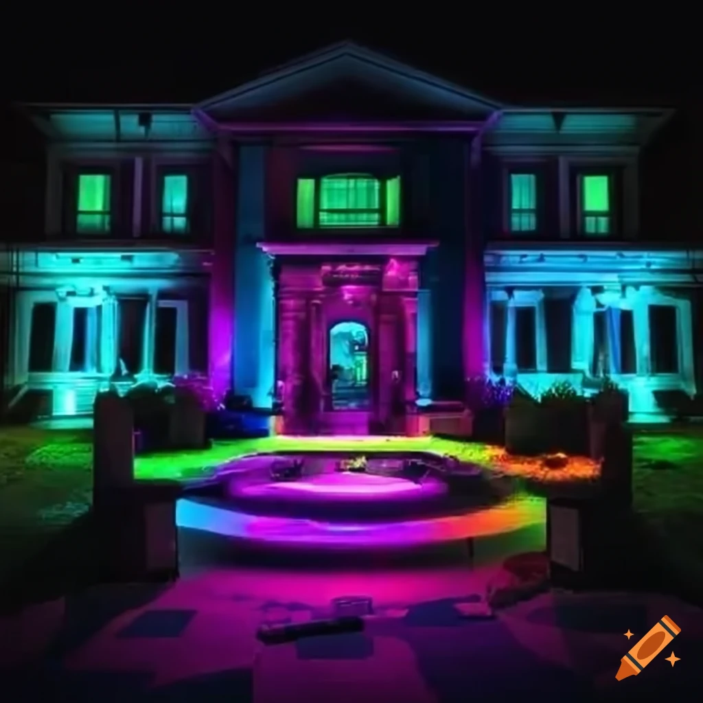 Exterior of a mansion with colorful lights for a party on Craiyon