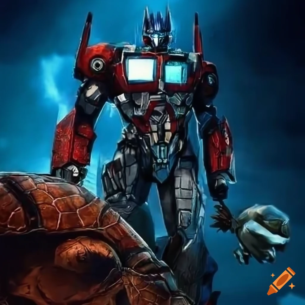Optimus prime with a turtle, ryan gosling, anime girl, kratos on Craiyon