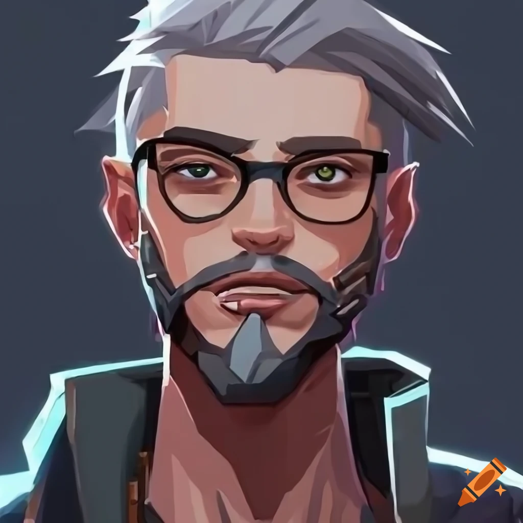 Character with glasses, beard, and grey hair in valorant on Craiyon