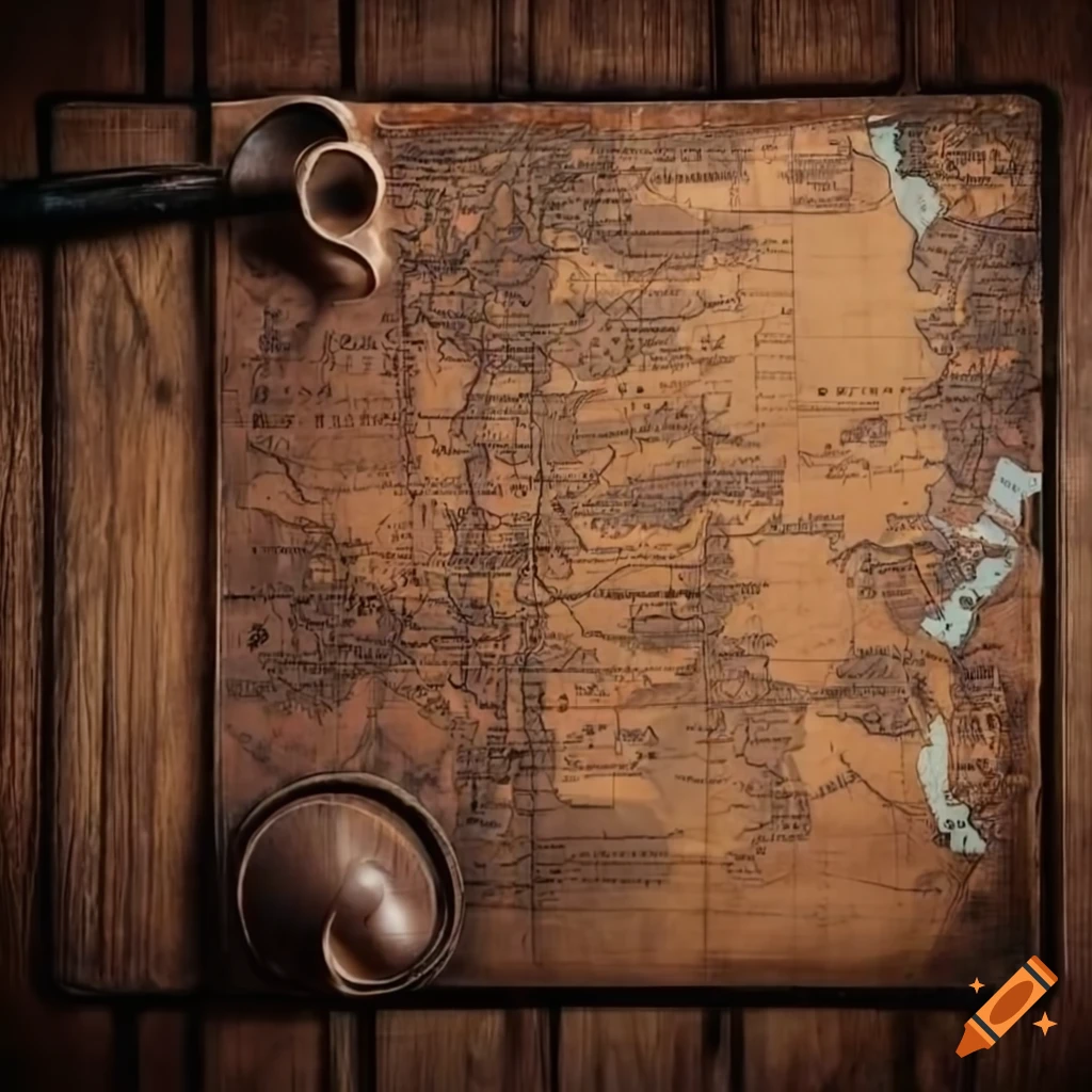 Top view of an old wooden desk with a map on Craiyon