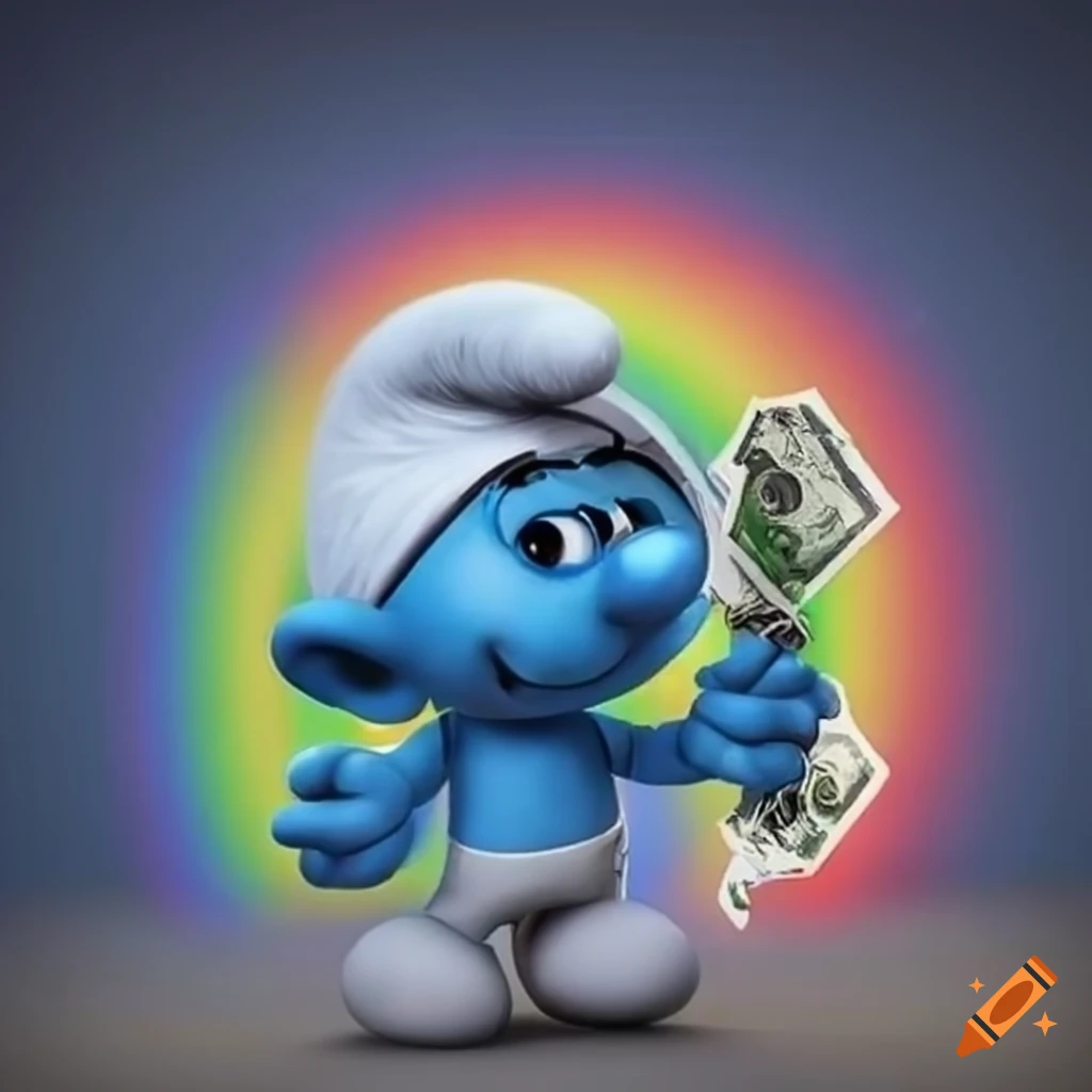 Smurf with halo, holding a weapon, and standing in front of a rainbow ...