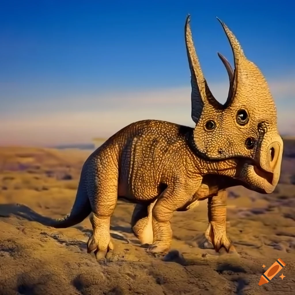 Baby and adult Protoceratops in Badlands landscape under warm morning ...