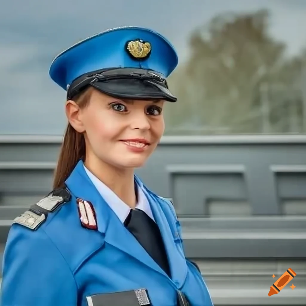 Friendly young german police officer dagmar in blue uniform realistic ...