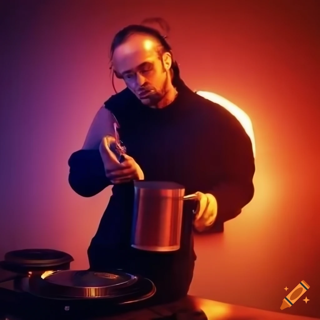 Paul cabral djing in a small room next to a coffee maker on Craiyon
