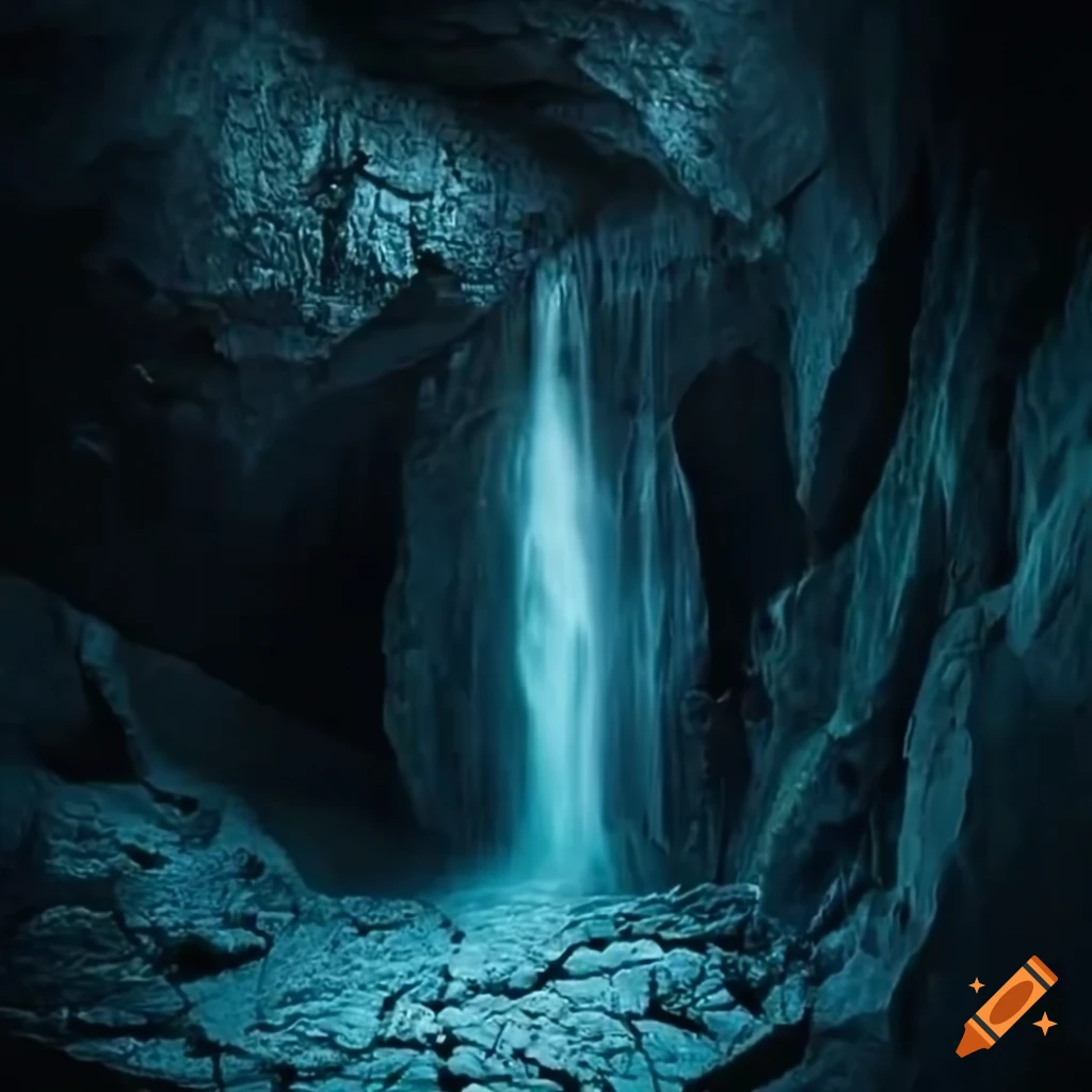 Waterfall cascading through a cave vault on Craiyon