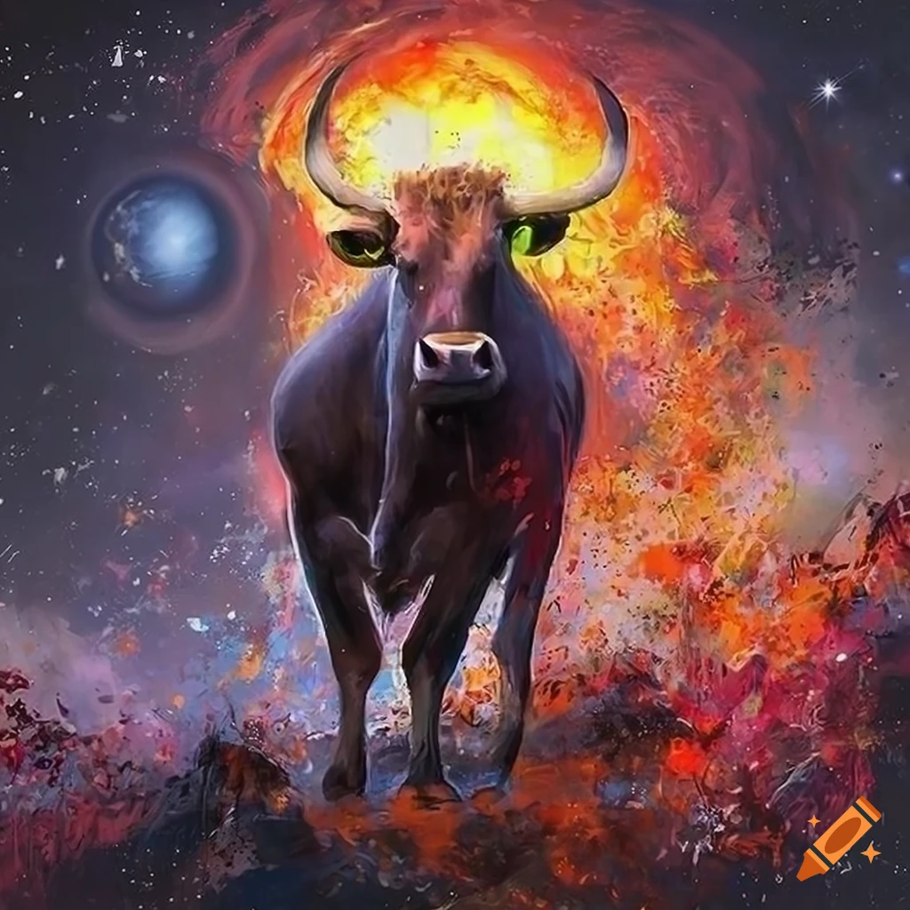 Magnificent cow holding a frozen world on a burning planet in an oil ...