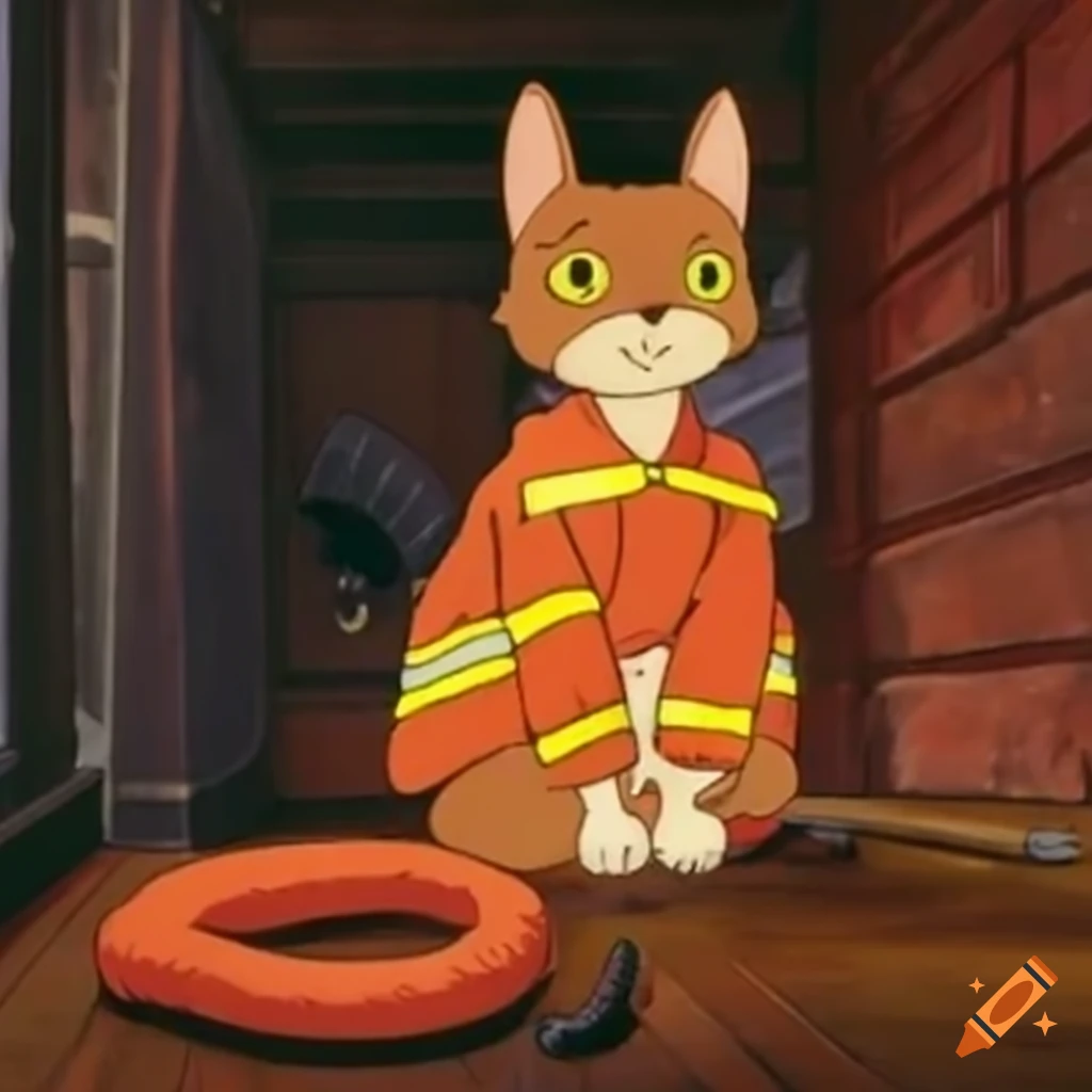 Ghibli animation of firefighter cats on Craiyon