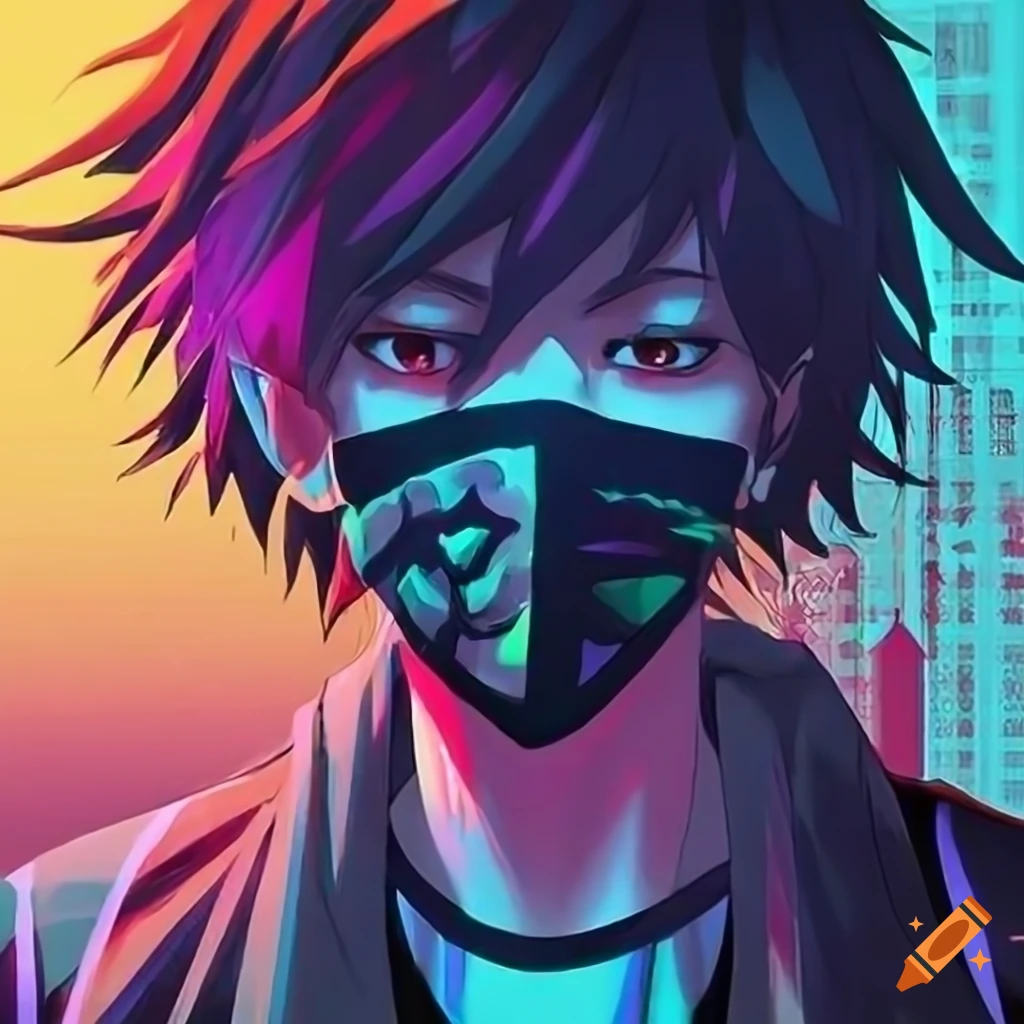 Sunset synthwave with anime male wearing mask and long black hair on ...