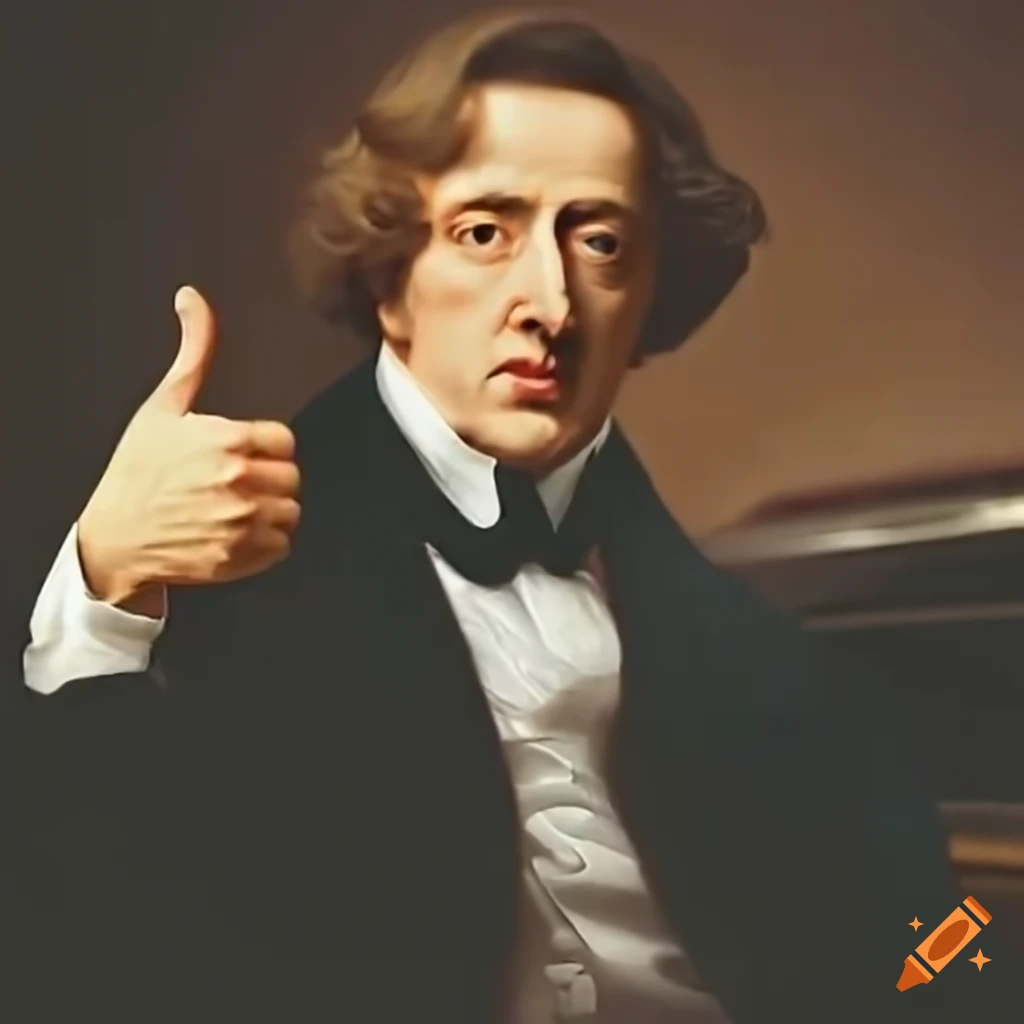 Frédéric Chopin giving a thumbs up in front of a grand piano on Craiyon