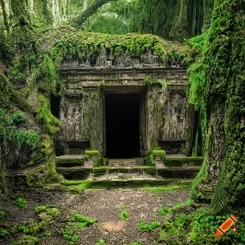 Entrance to ancient weathered alien temple in dense overgrown forest on ...