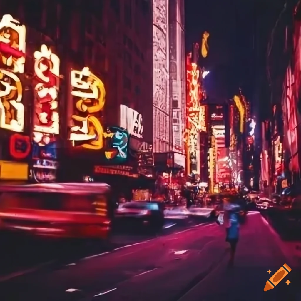 Colorful neon signs in a 70s NYC street scene with rain and retro vibes ...