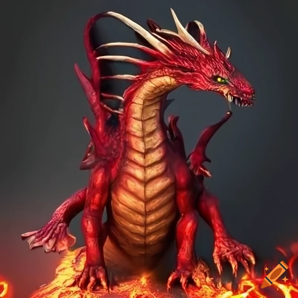 Large red fire-breathing dragon in realistic fantasy style on Craiyon