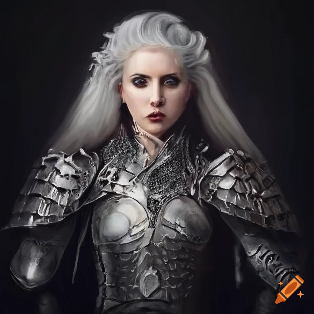Woman in silver dragon armor and black cape in a fantasy oil painting ...