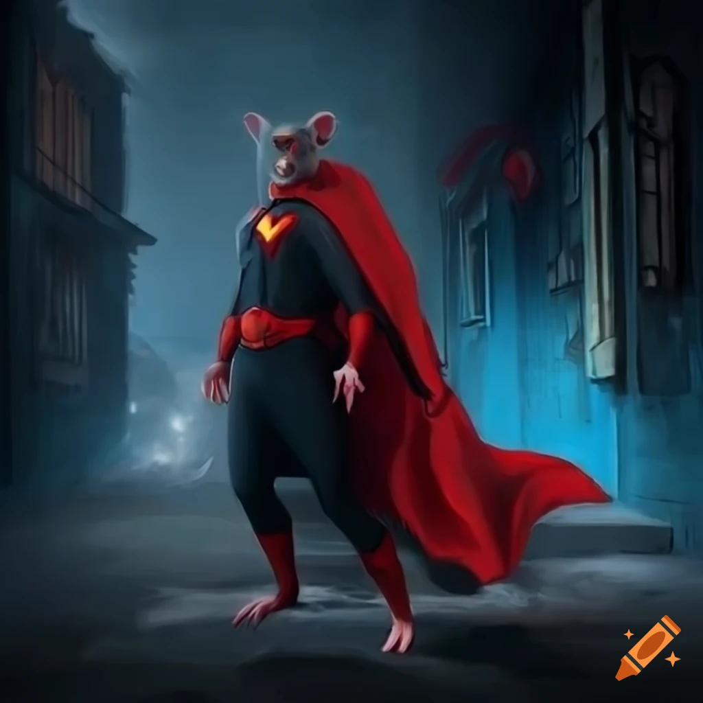 Hyper realistic rat superhero standing in a dark alleyway with glowing ...