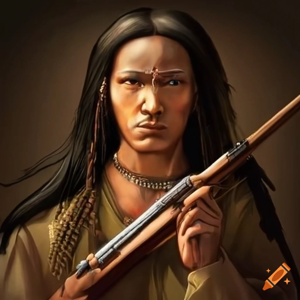 Native person with long hair and a rifle on Craiyon