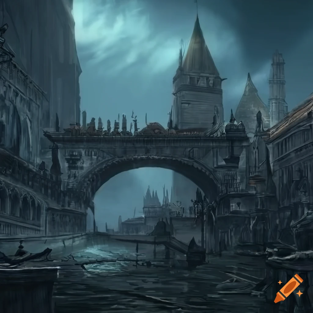 Detailed venice cityscape in bloodborne style with bridges on Craiyon
