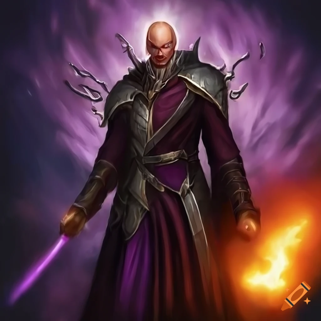 Powerful bald mage in black armor and purple robes stopping a giant ...