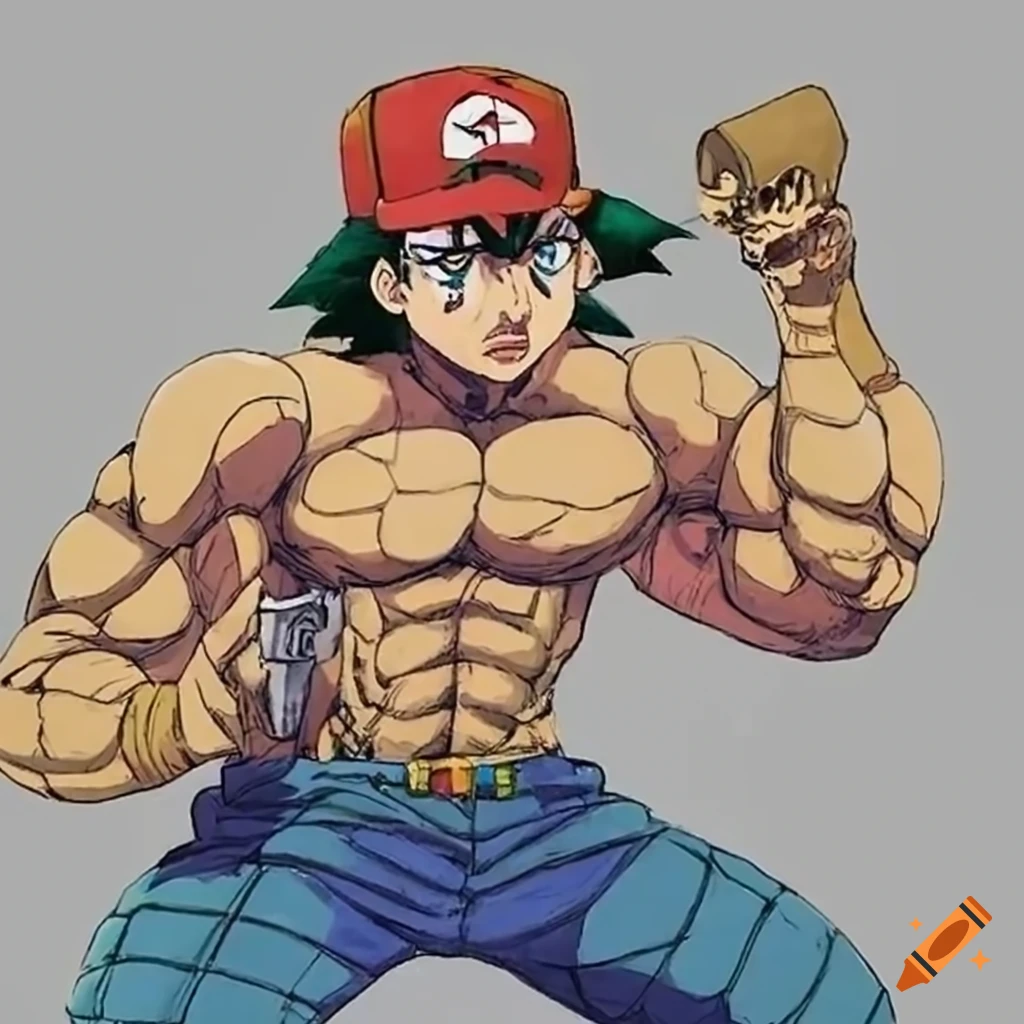Ash ketchum in muscular jojo's bizarre adventure style by hirohiko ...