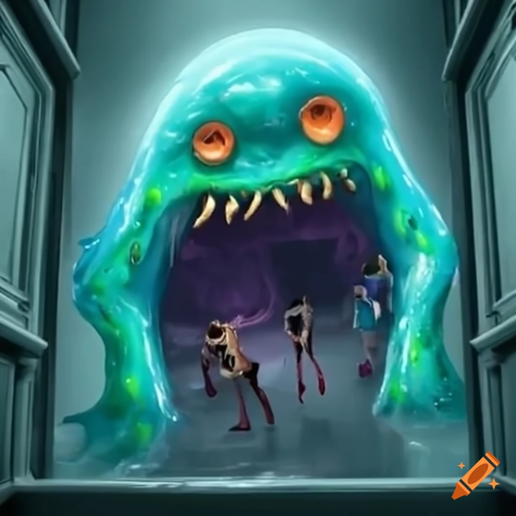 Giant slime monster invading a college hallway on Craiyon
