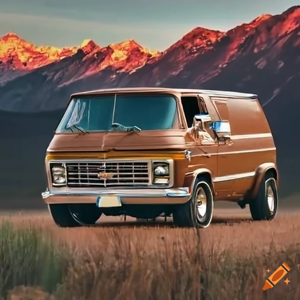 Brown 1977 chevy G20 Van driving in the mountains on Craiyon