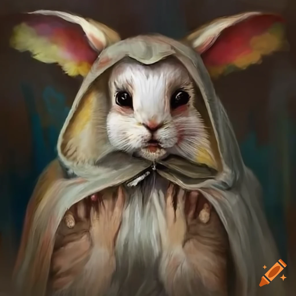Scared anthropomorphic rabbit in feather cloak on Craiyon