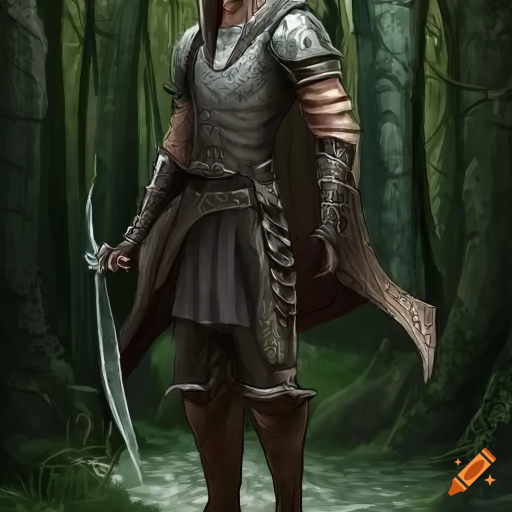 Male half elven warlock with a scimitar in a forest setting on Craiyon