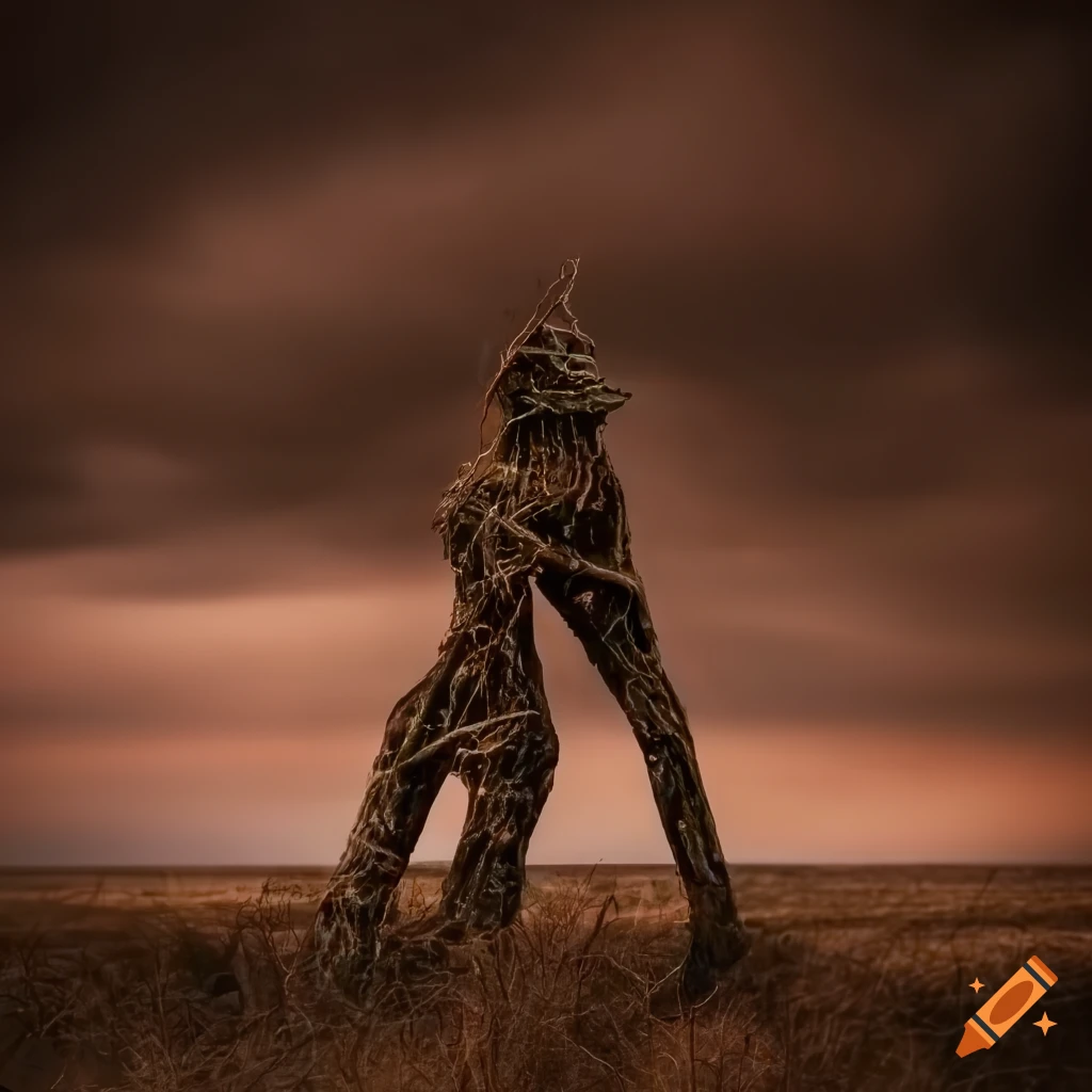 Distorted figure in a canvas sculpture amidst a destroyed landscape ...