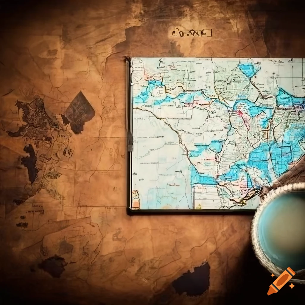 Top view of an old desk with a district map on Craiyon