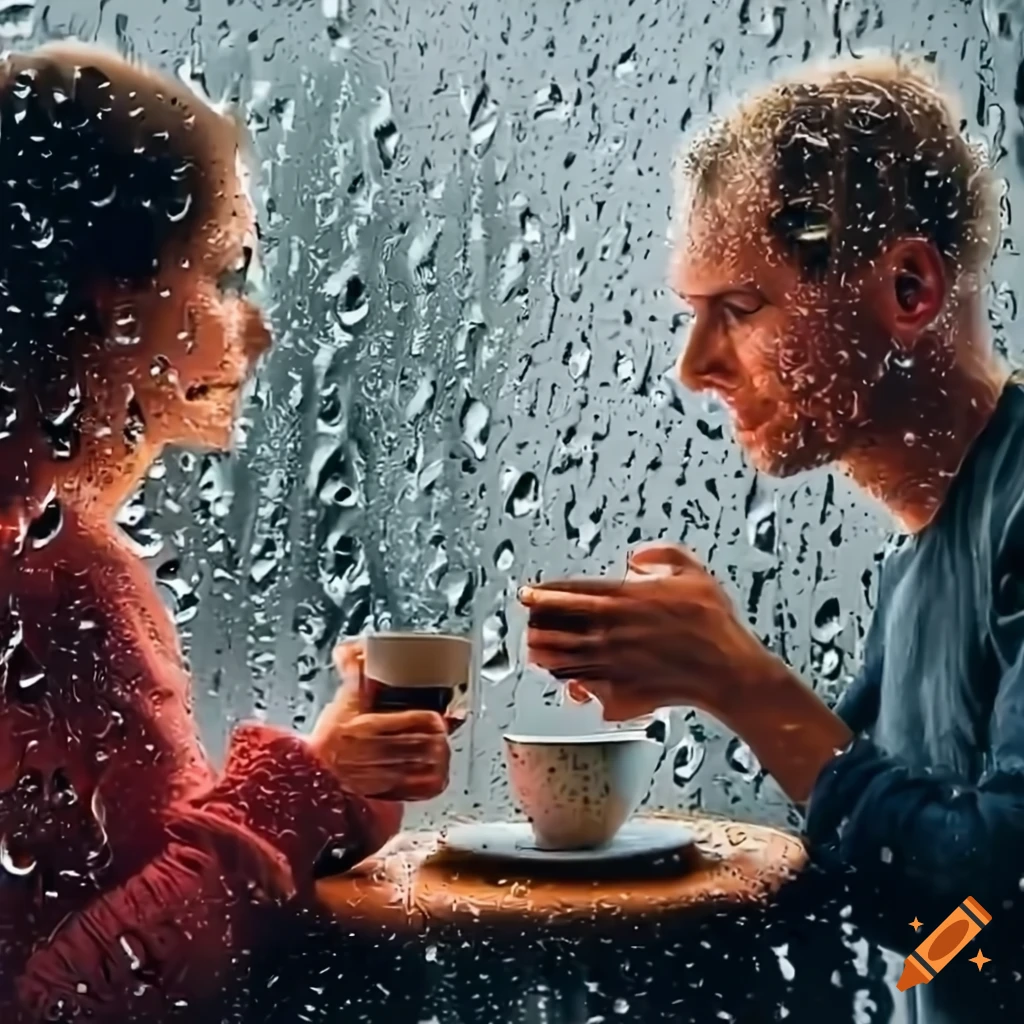 Man and woman drinking aromatic tea behind a rainy window on Craiyon