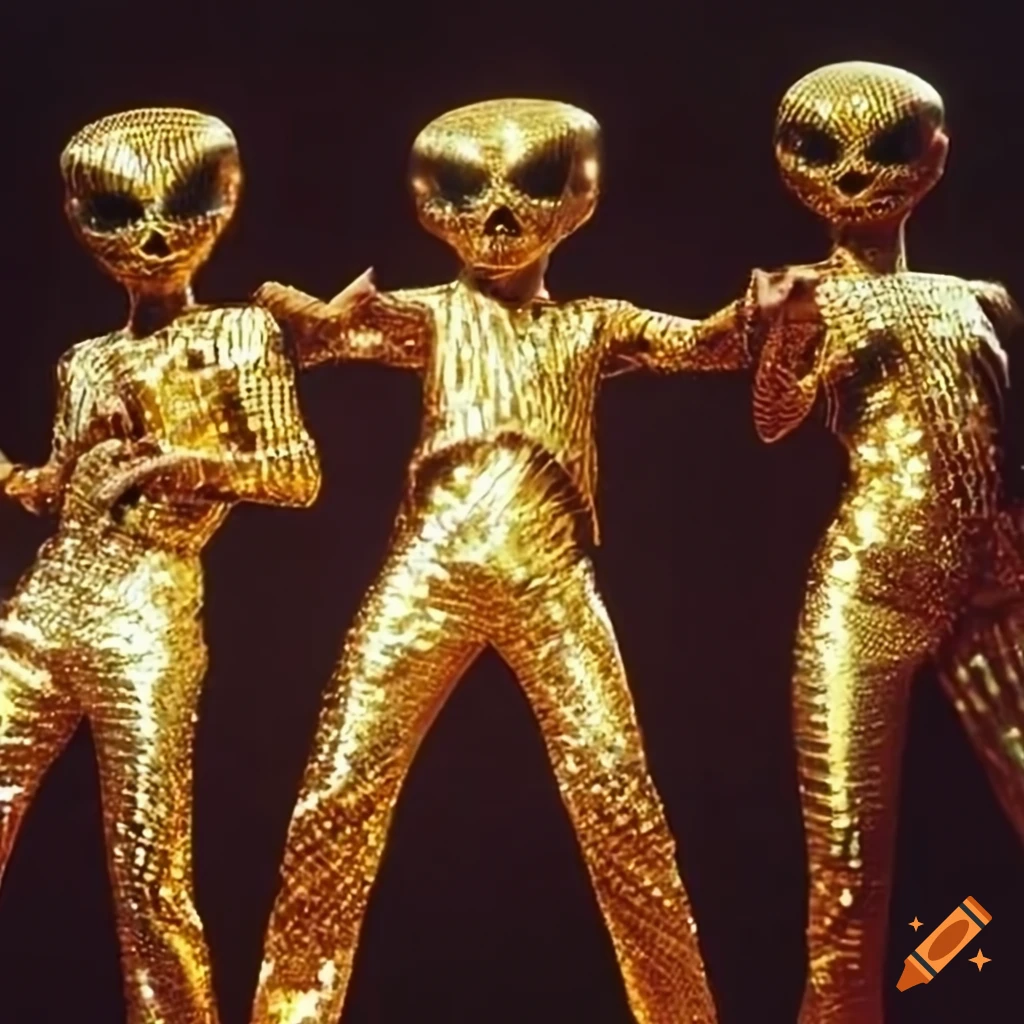 Three aliens in gold suits performing at studio 54 with a disco ball on ...