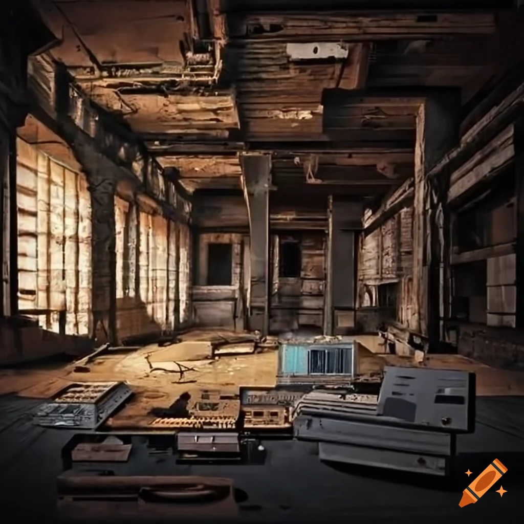 Dilapidated warehouse with cardboard boxes and old computers on Craiyon