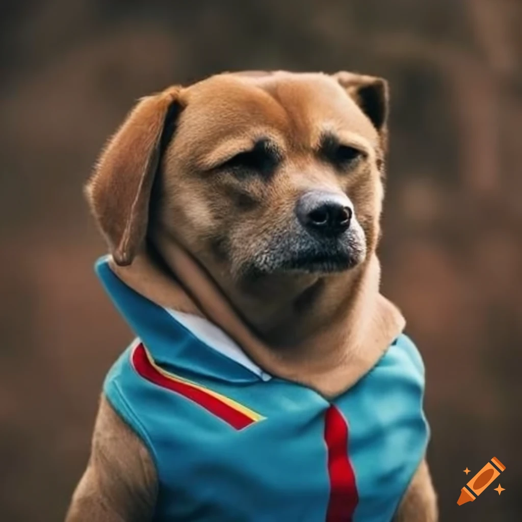 Sad dog wearing dr congo shirt with oso inscription on Craiyon