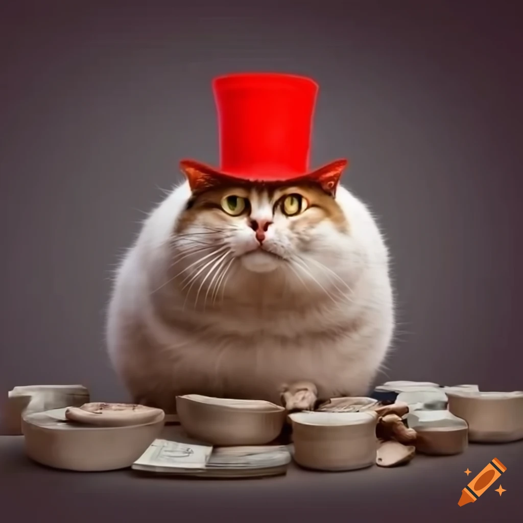 Chubby cat with a red top hat on a pile of money on Craiyon