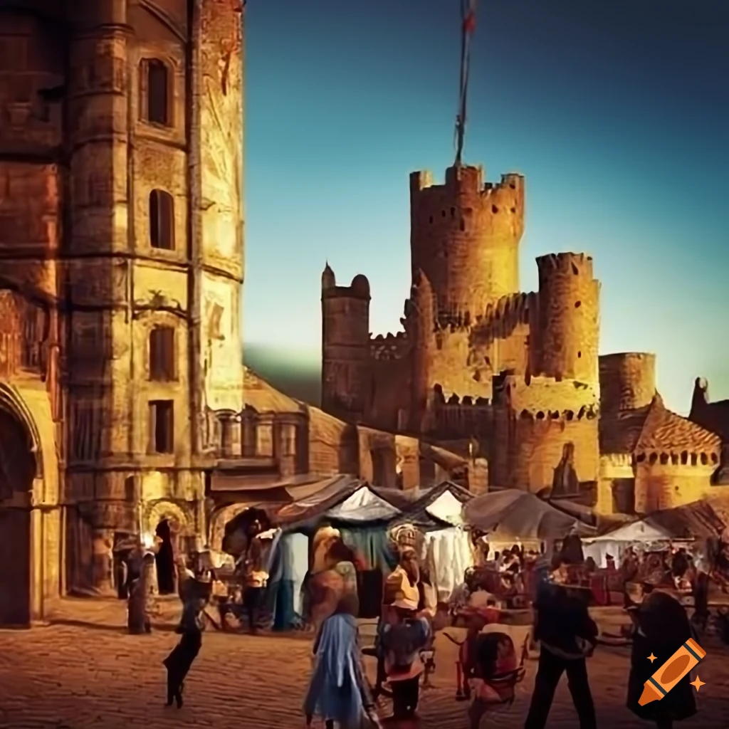 Medieval market with merchants and shoppers, castle in the background ...