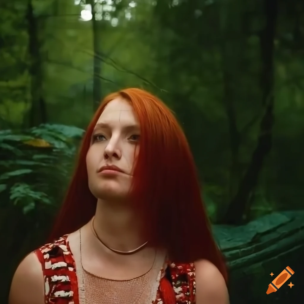 Red-haired woman sitting in the rainforest wearing a Gucci jacket on ...