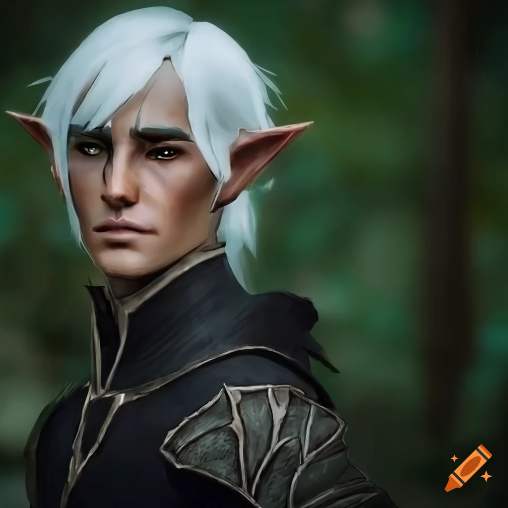 Realistic detailed picture of young handsome Fenris with green eyes in a forest on Craiyon