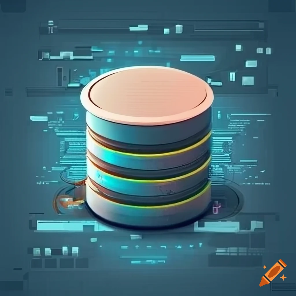 Database server surrounded by schematic charts and diagrams on Craiyon