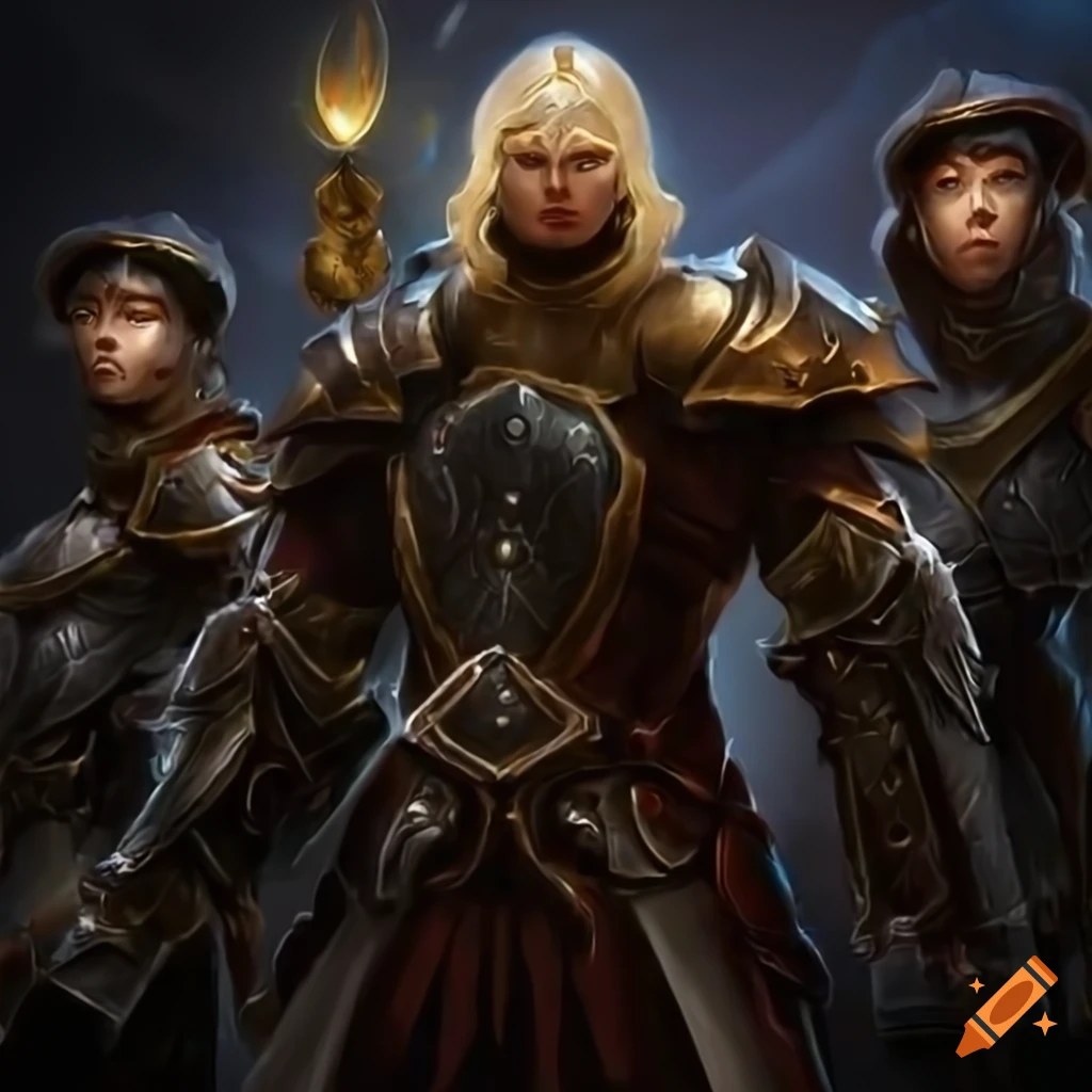 Group of high-definition fantasy realm heroes wearing magical armor on ...