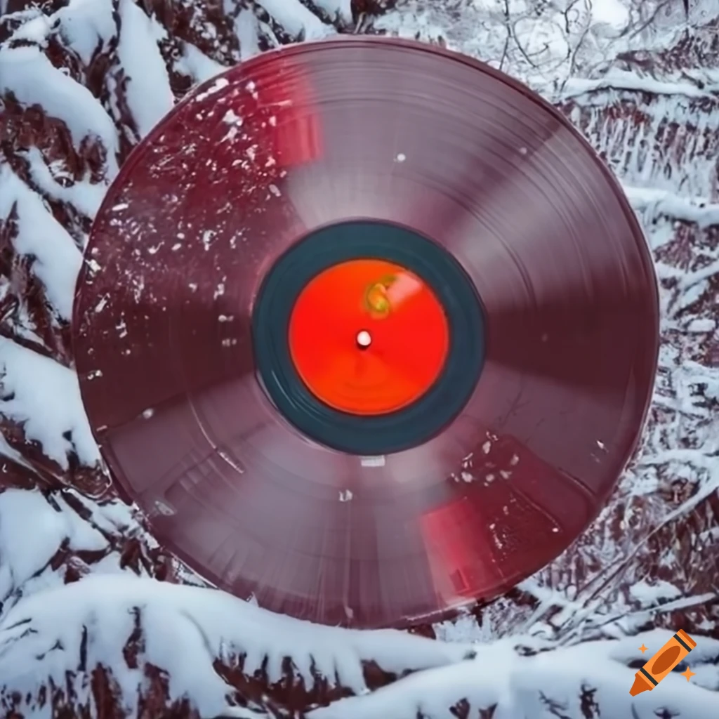 Red vinyl record dangling from a winter jacket on Craiyon