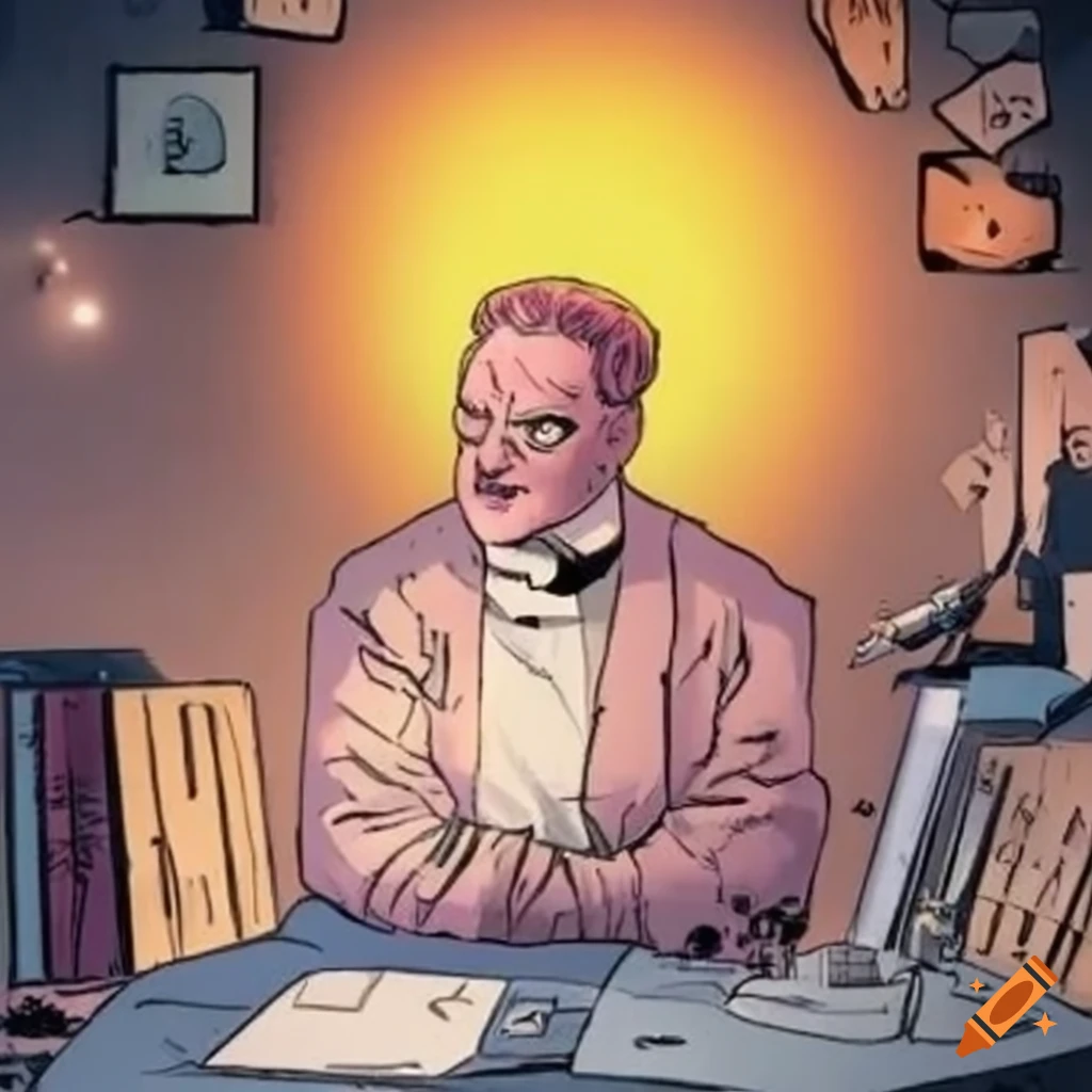 Comic strip: an inventor thinking at his desk on Craiyon