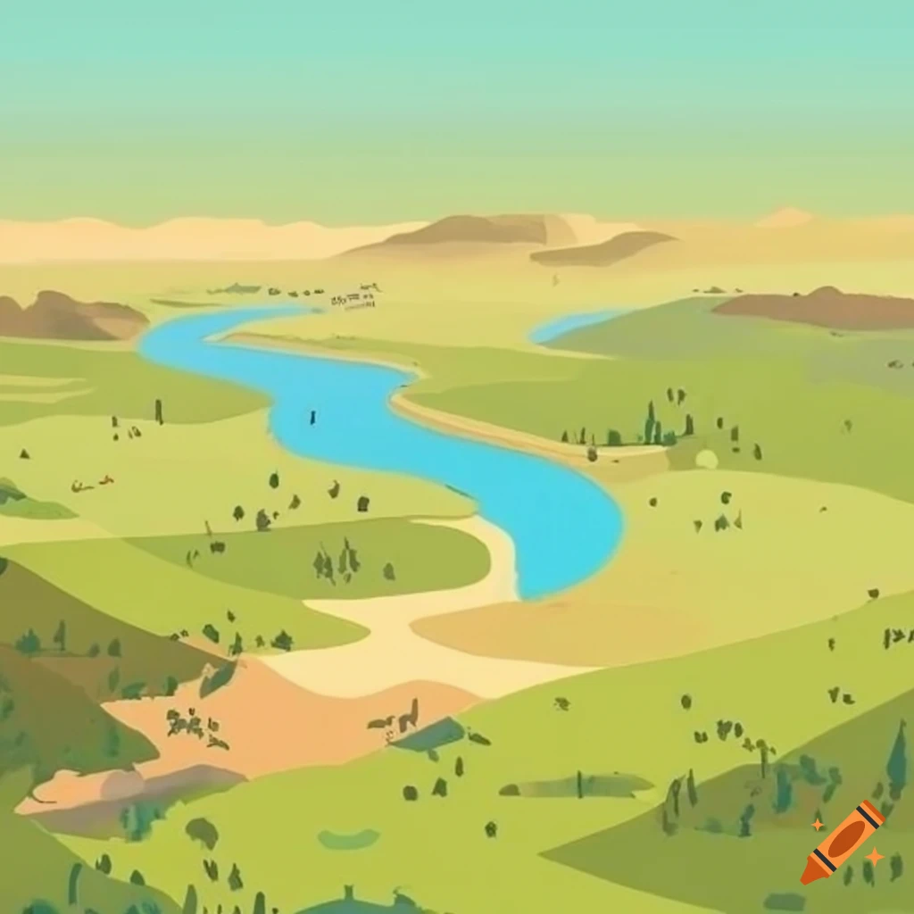 Physical map with forest, steppe, city, mountains, moor, and rivers on ...